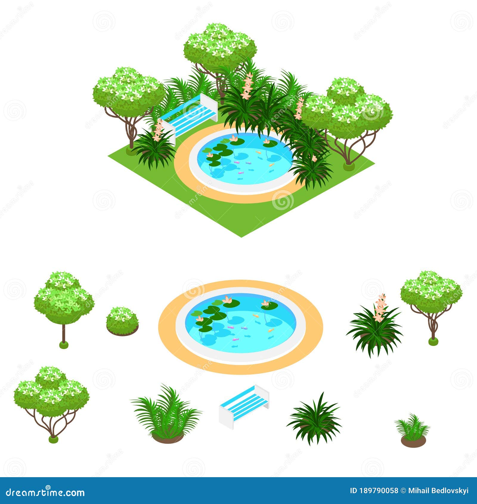 Collection of Isometric Pond with Fish and Water Lilies, Trees, Shrubs ...