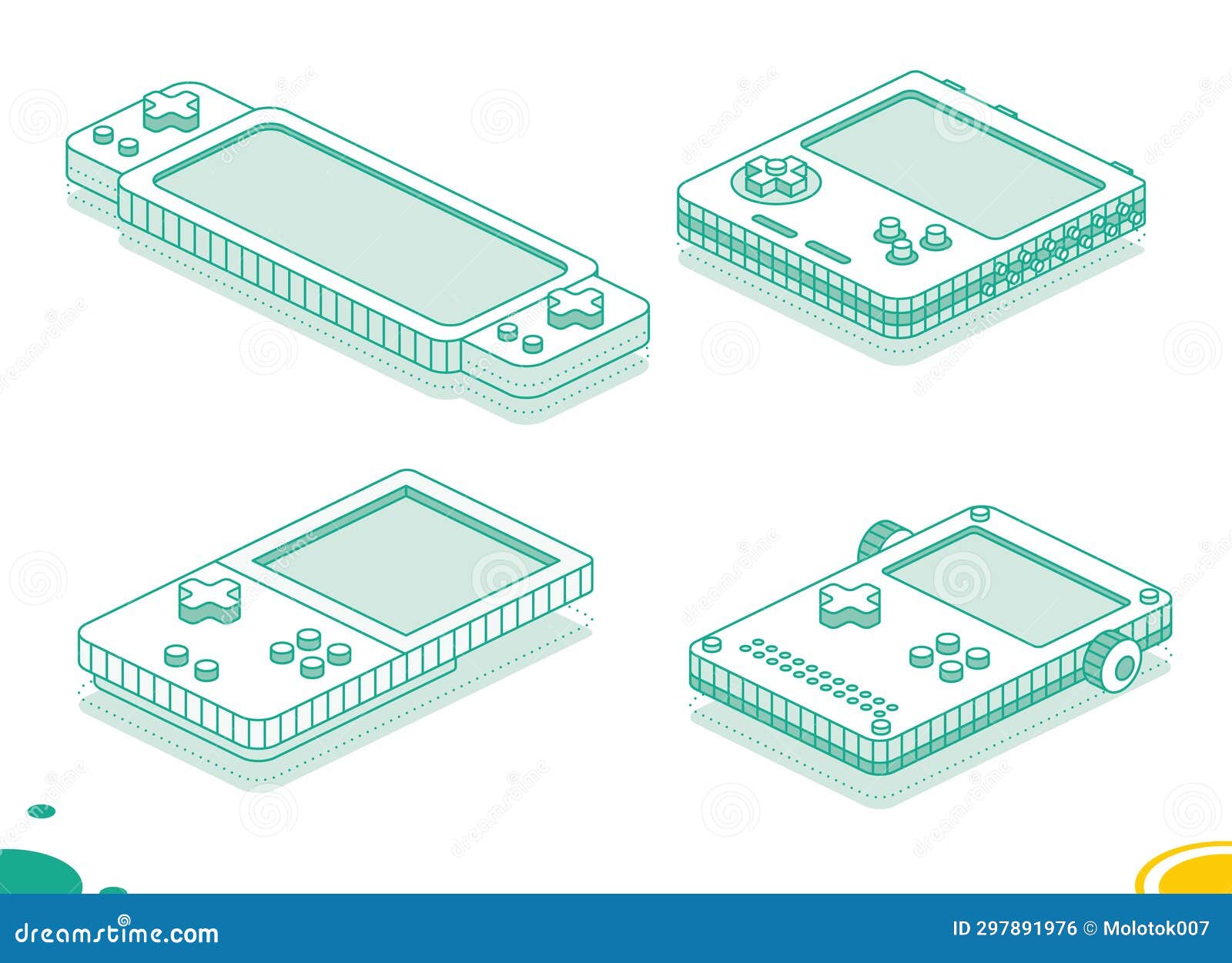 Isometric Portable Handheld Retro Gaming Console Set. Outline Concept ... Isometric Portable Handheld Retro Gaming Console Set. Outline Concept ...