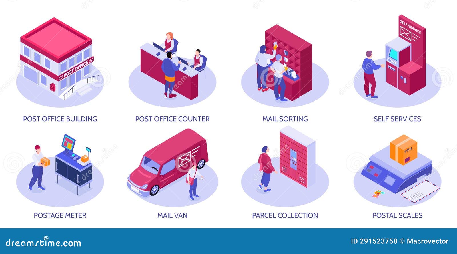 Isometric Post Office Concept. Young Man Waiting For A Parcel In A Post ...