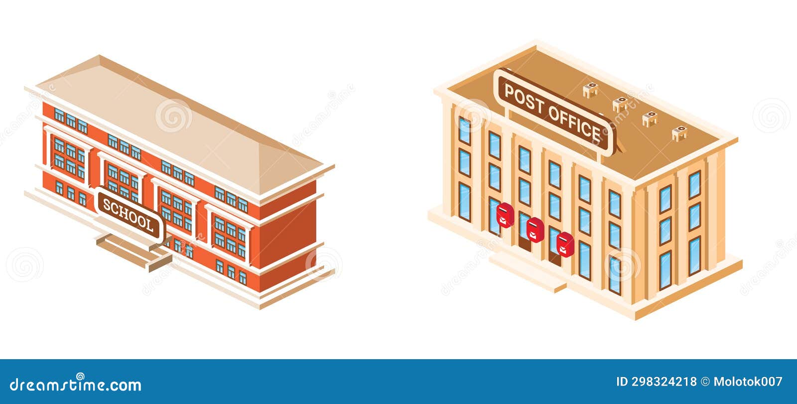 Isometric Post Office and School Building Isolated on White Background ...