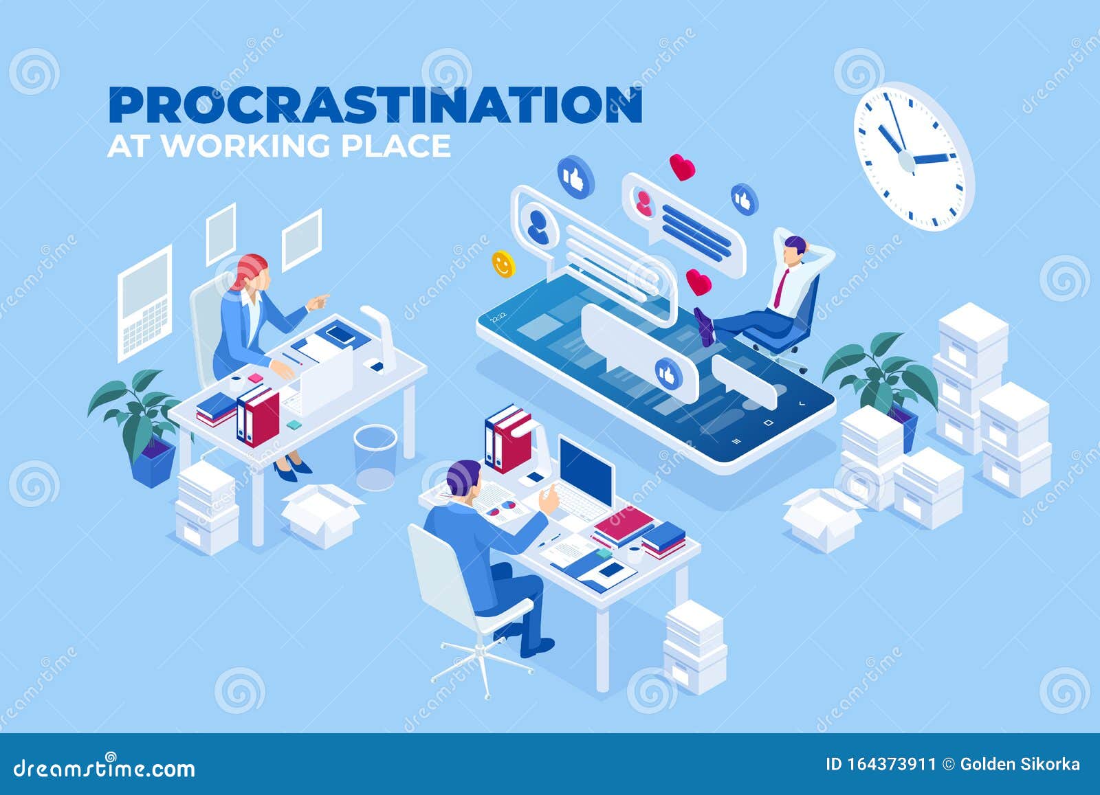 Isometric Procrastination at Working Place Concept. Office Worker ...