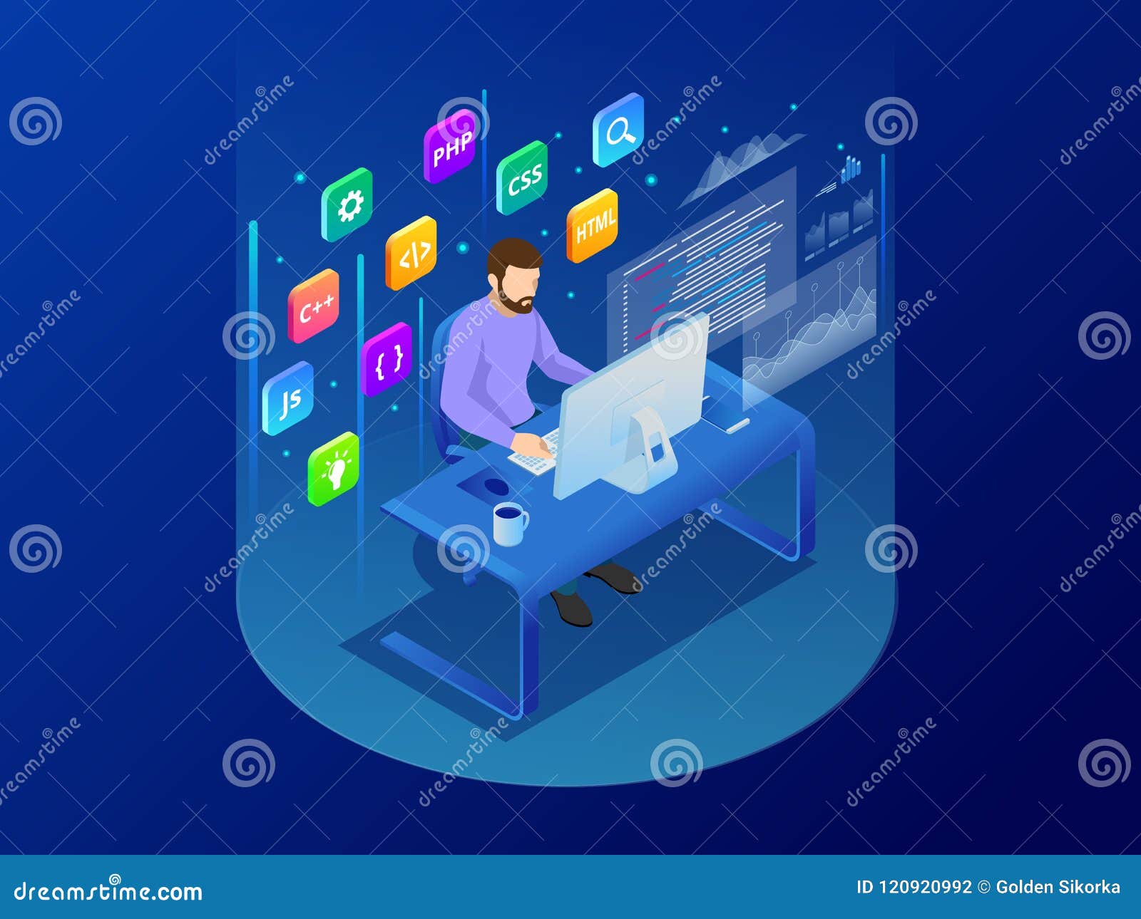 Isometric Programmer Coding New Project Sitting On Computer With Command Line Web Development