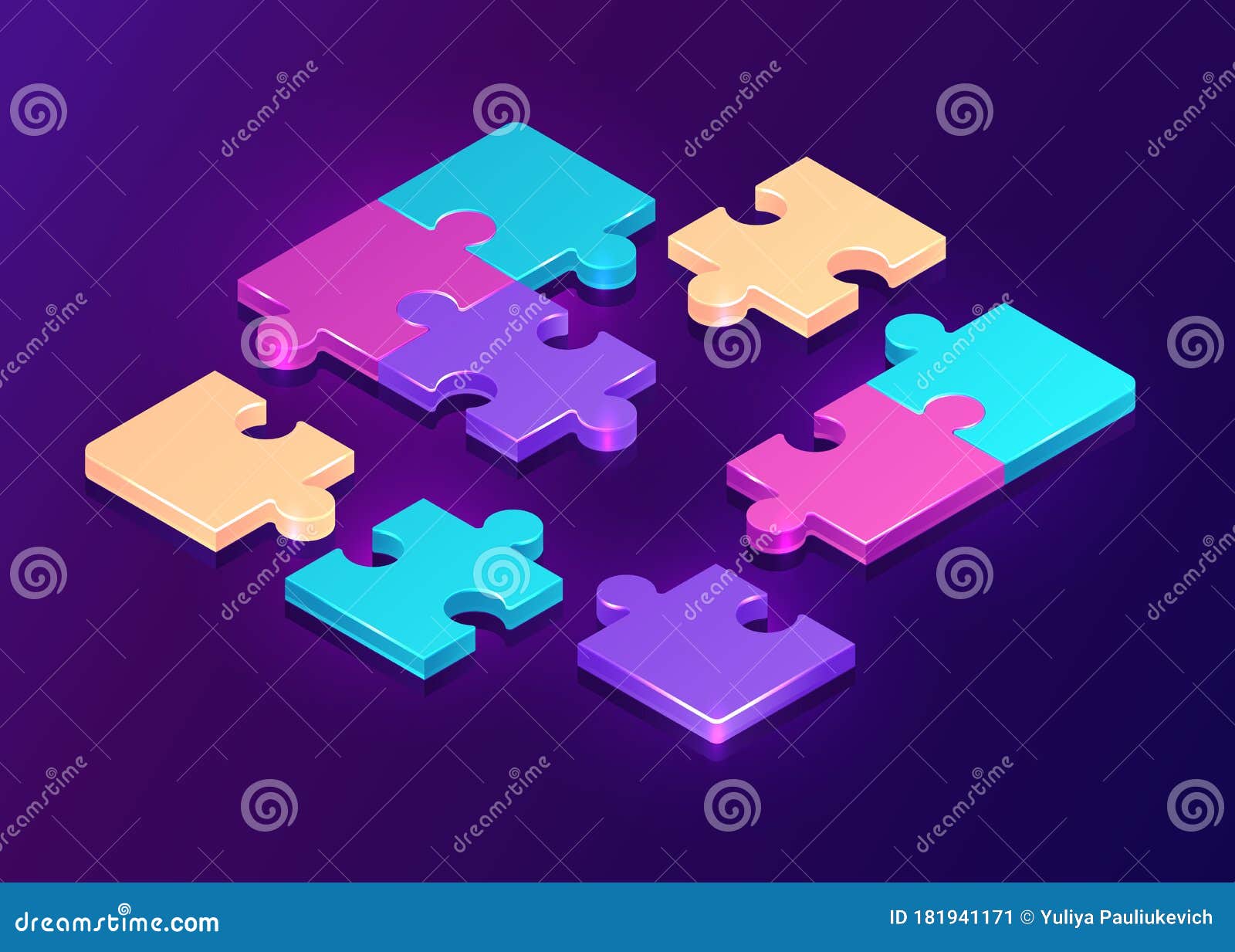 Isometric Puzzle Pieces on Purple Background Stock Vector ...