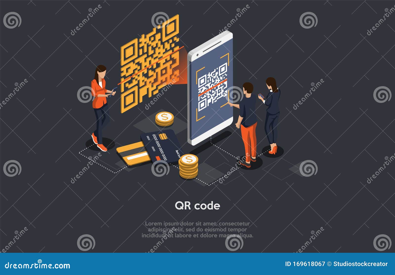 Isometric Qr Code Verification Concept Man Is Scanning The Qr Code By Mobile Phone Hi Tech