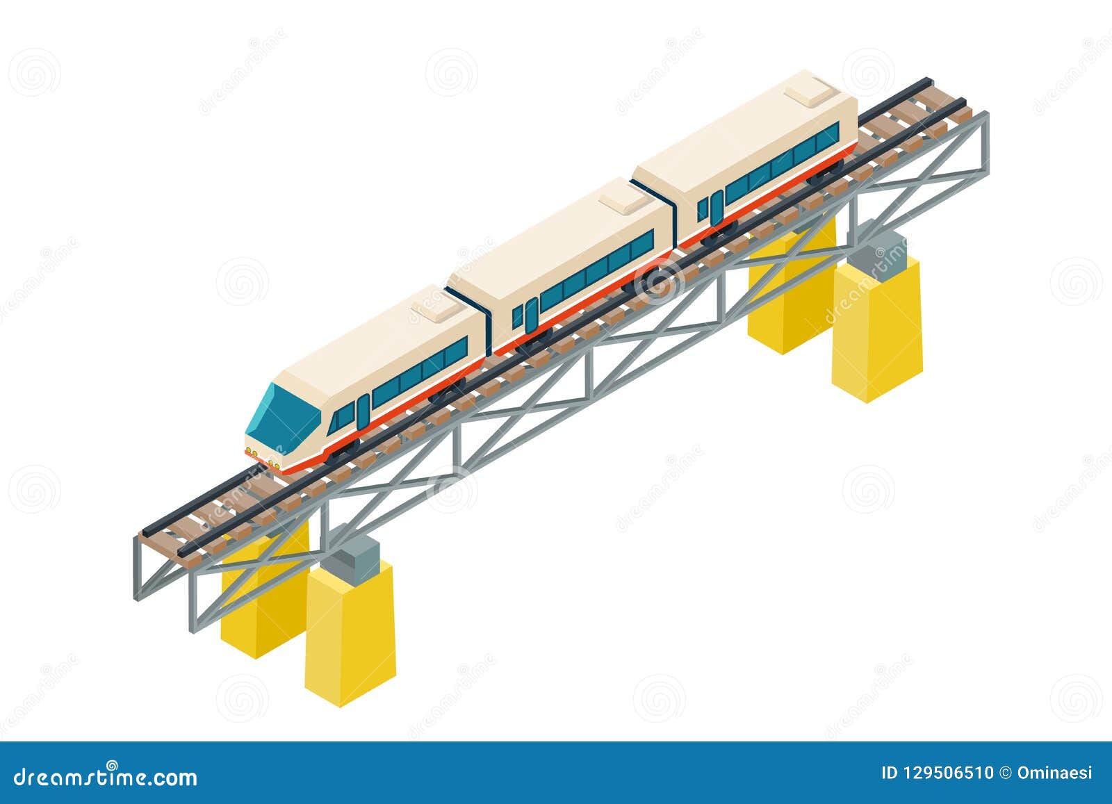 Isometric Railroad Train on Railway Rails on Piles Flat Design Vector ...