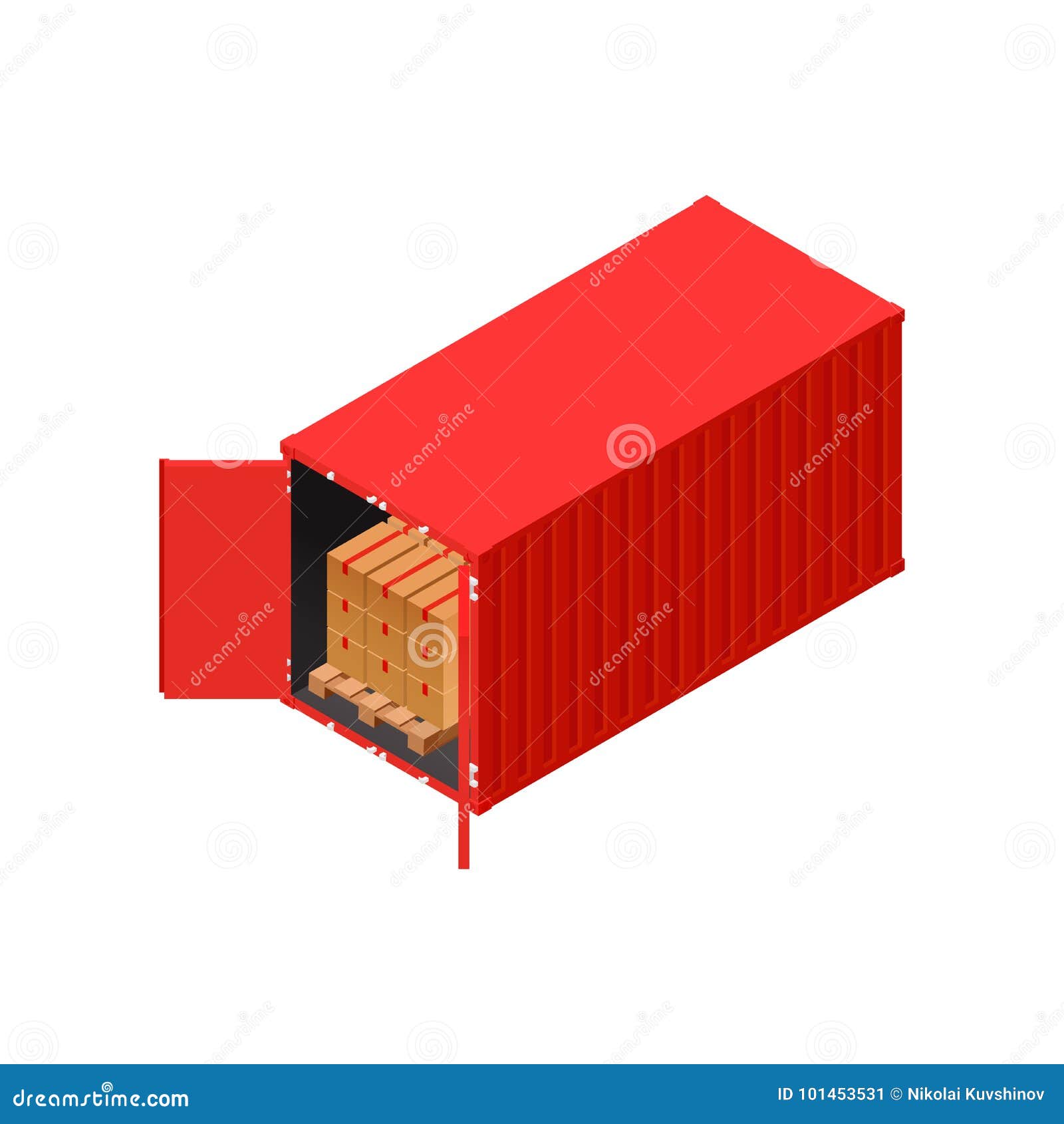 Isometric Red Shipping Container Loaded with Palet Cardboards Stock ...