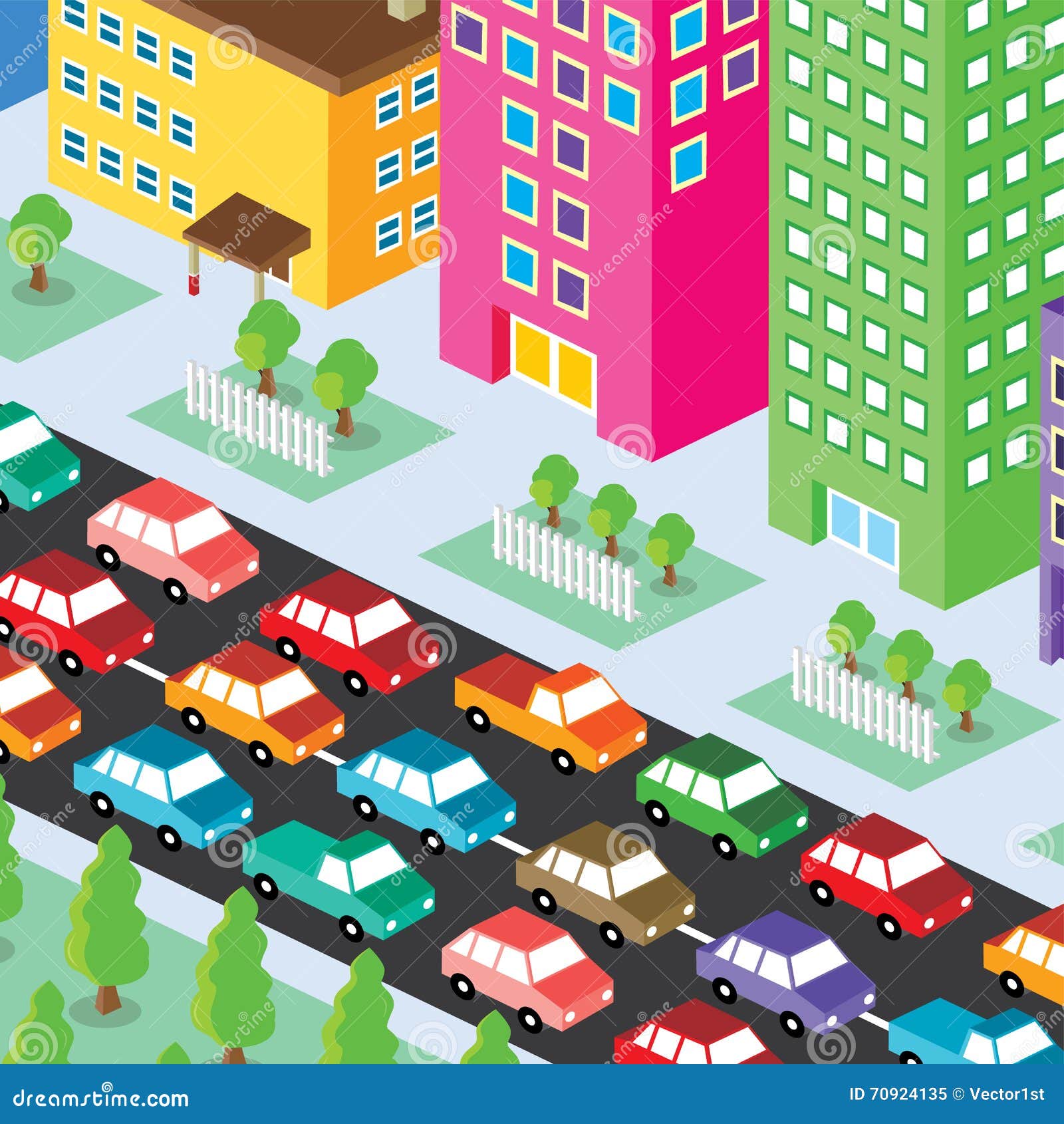 Isometric Residential One Storey Building With People, Road And Trees ...