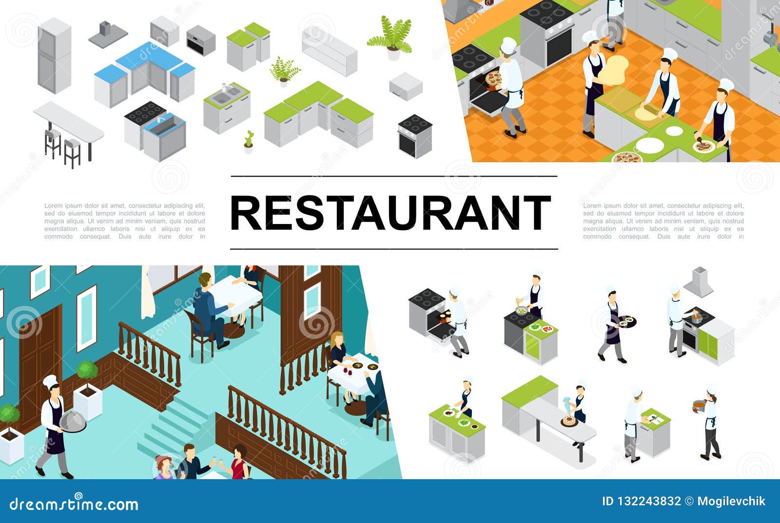 Isometric Restaurant Elements Collection Stock Vector - Illustration of ...