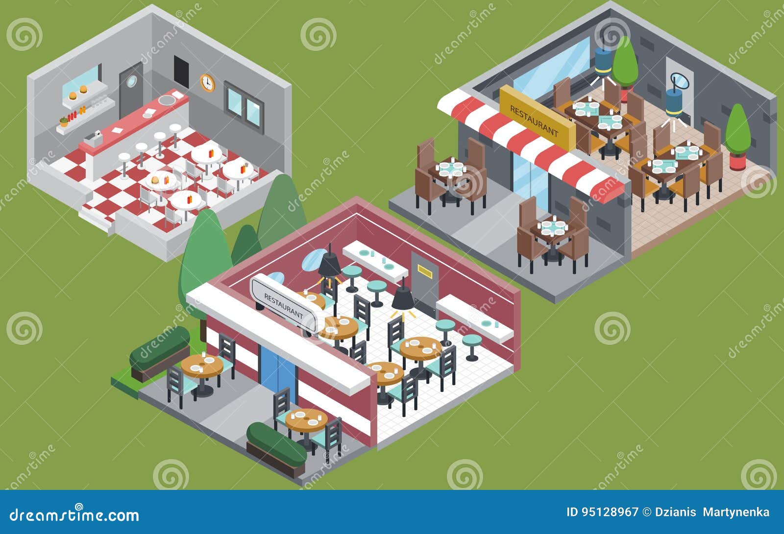 Isometric Restaurant Interior Set Stock Vector - Illustration of design ...