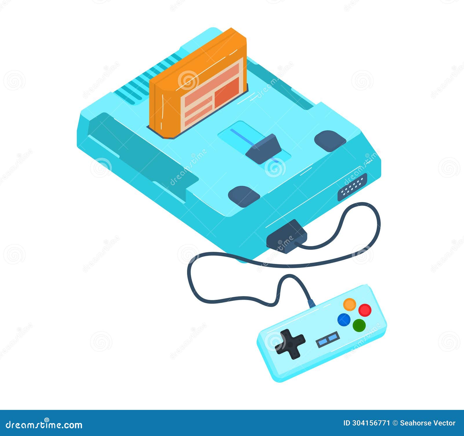 Isometric Retro Video Game Console with Controller. Blue Gaming Machine ...