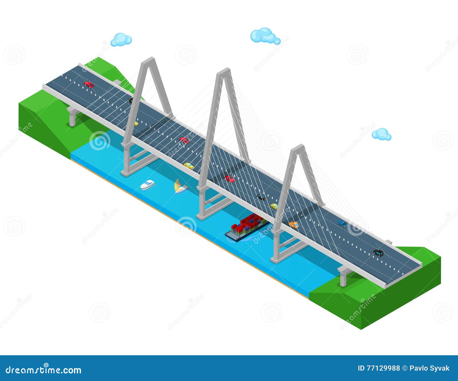 Isometric River Bridge with Ship Boat Highway Stock Vector ...