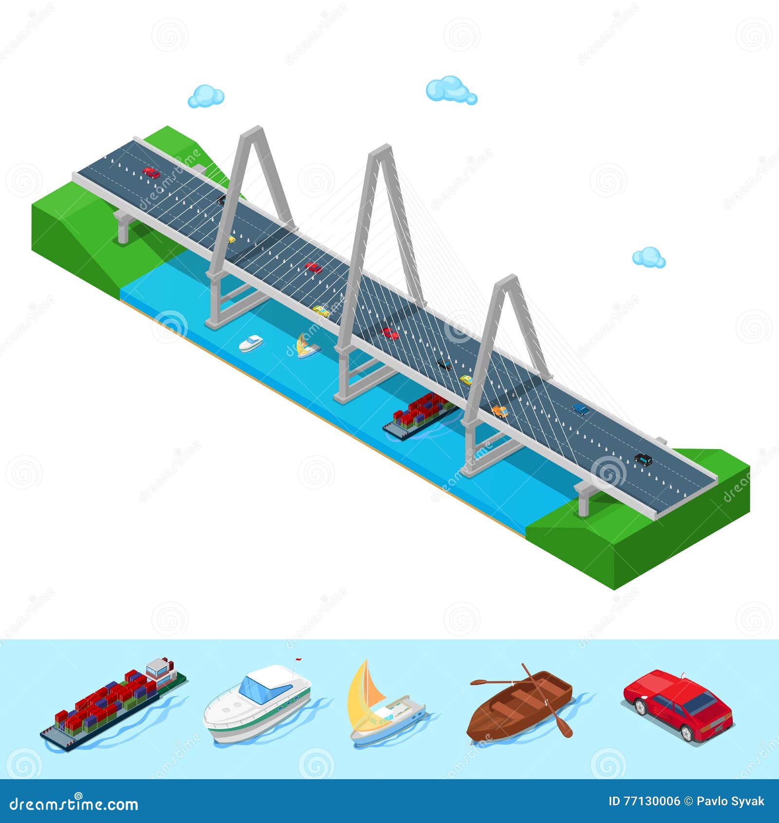 Isometric River Bridge with Ship Boat Highway Stock Vector ...