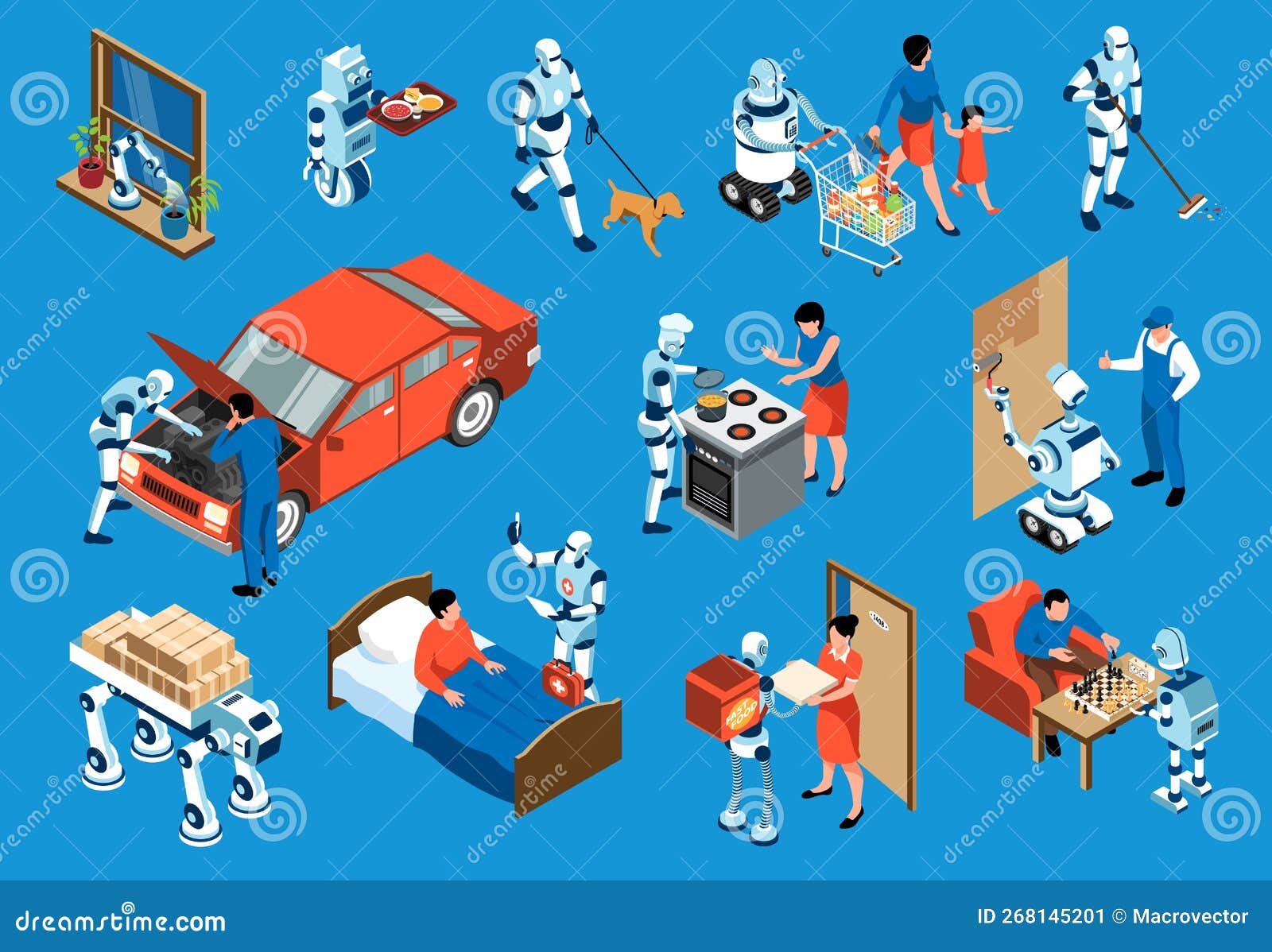 Isometric Robot Assistant Isolated Icon Set Stock Vector - Illustration ...