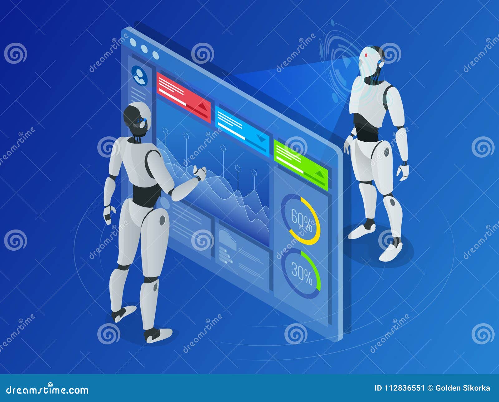 Isometric Robot Learning Or Solving Problems Concept. Artificial ...