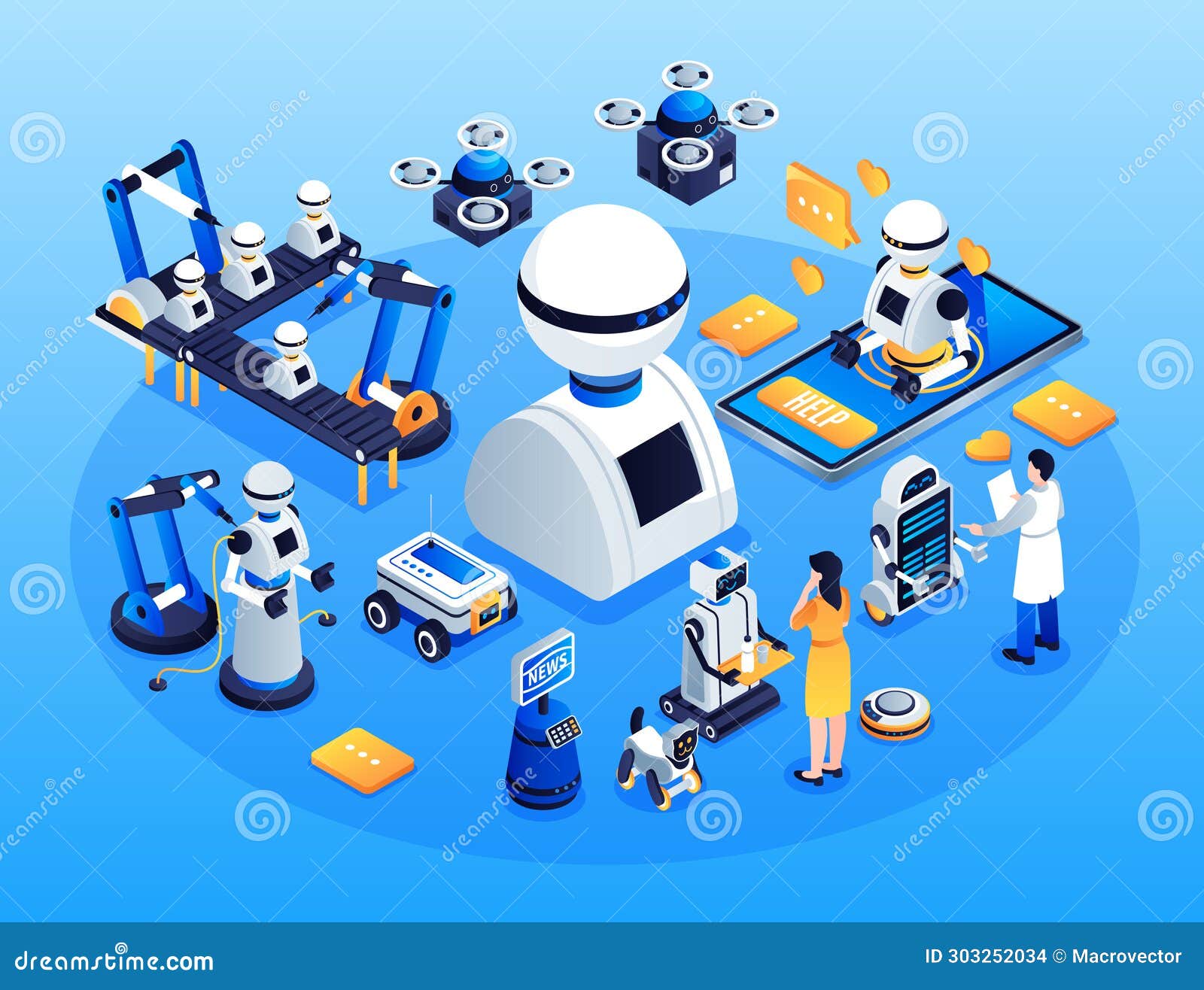 Robots Composition in Isometric View Stock Illustration - Illustration ...