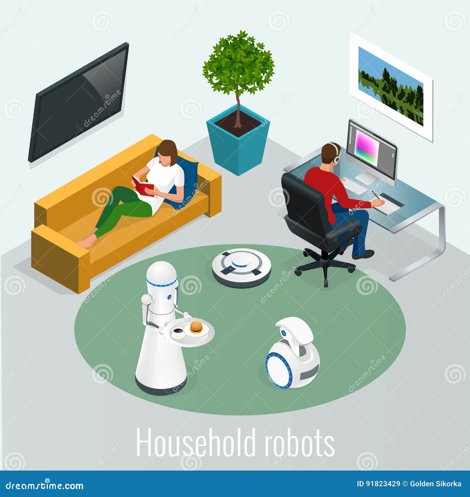 Isometric Robots Housework and Technology Concept. Woman with Tablet ...