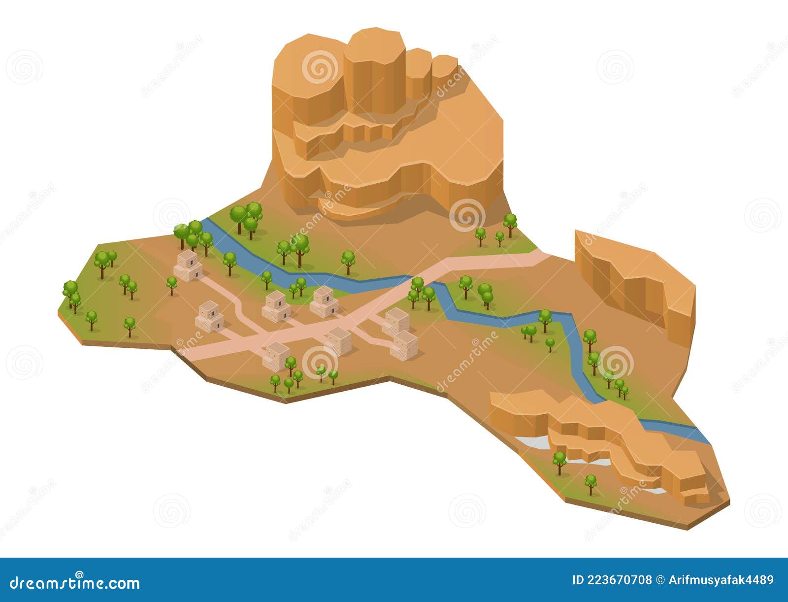 Isometric Rock Mountain with Lake, River and House Stock Vector ...