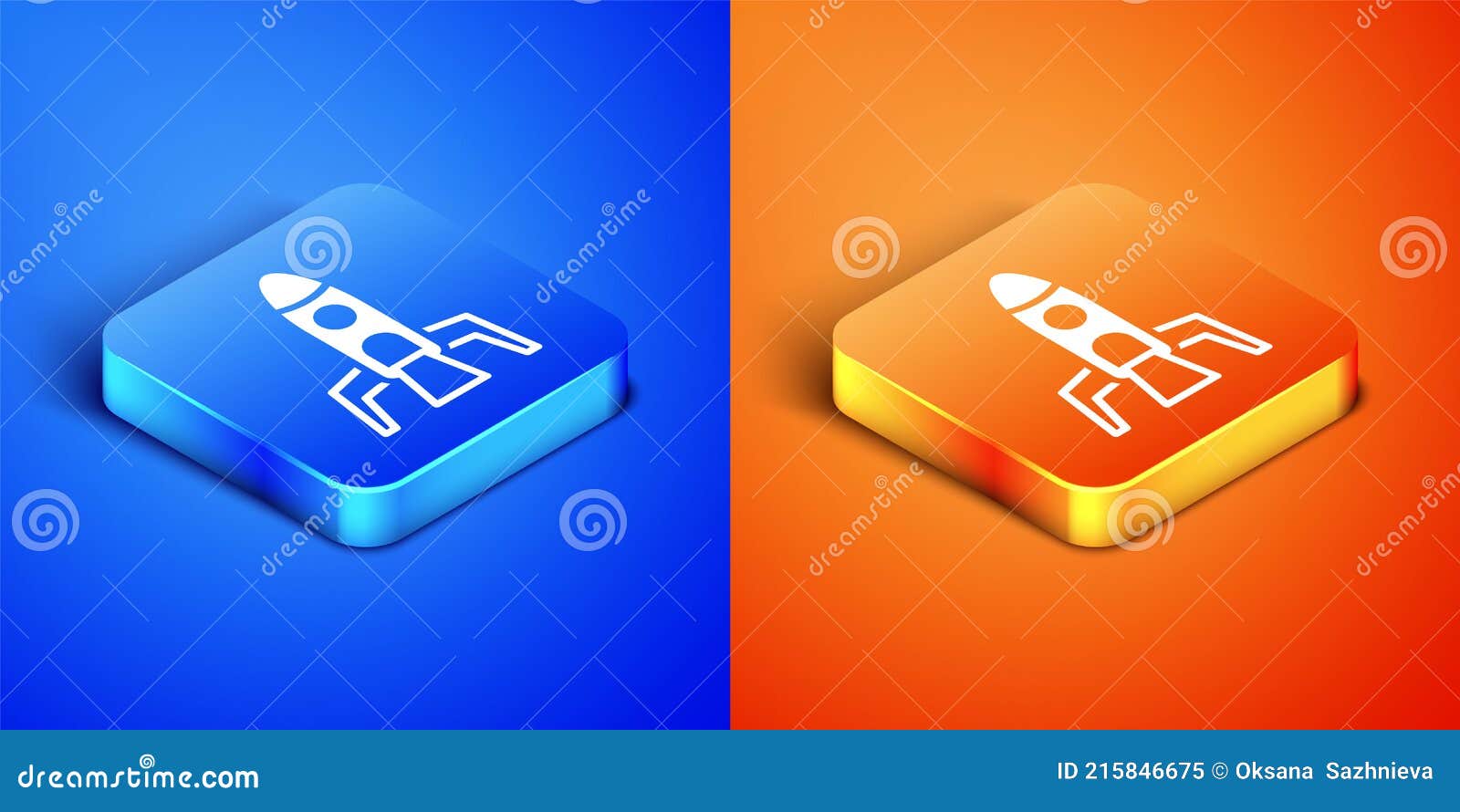 Isometric Rocket Ship Icon Isolated on Blue and Orange Background ...