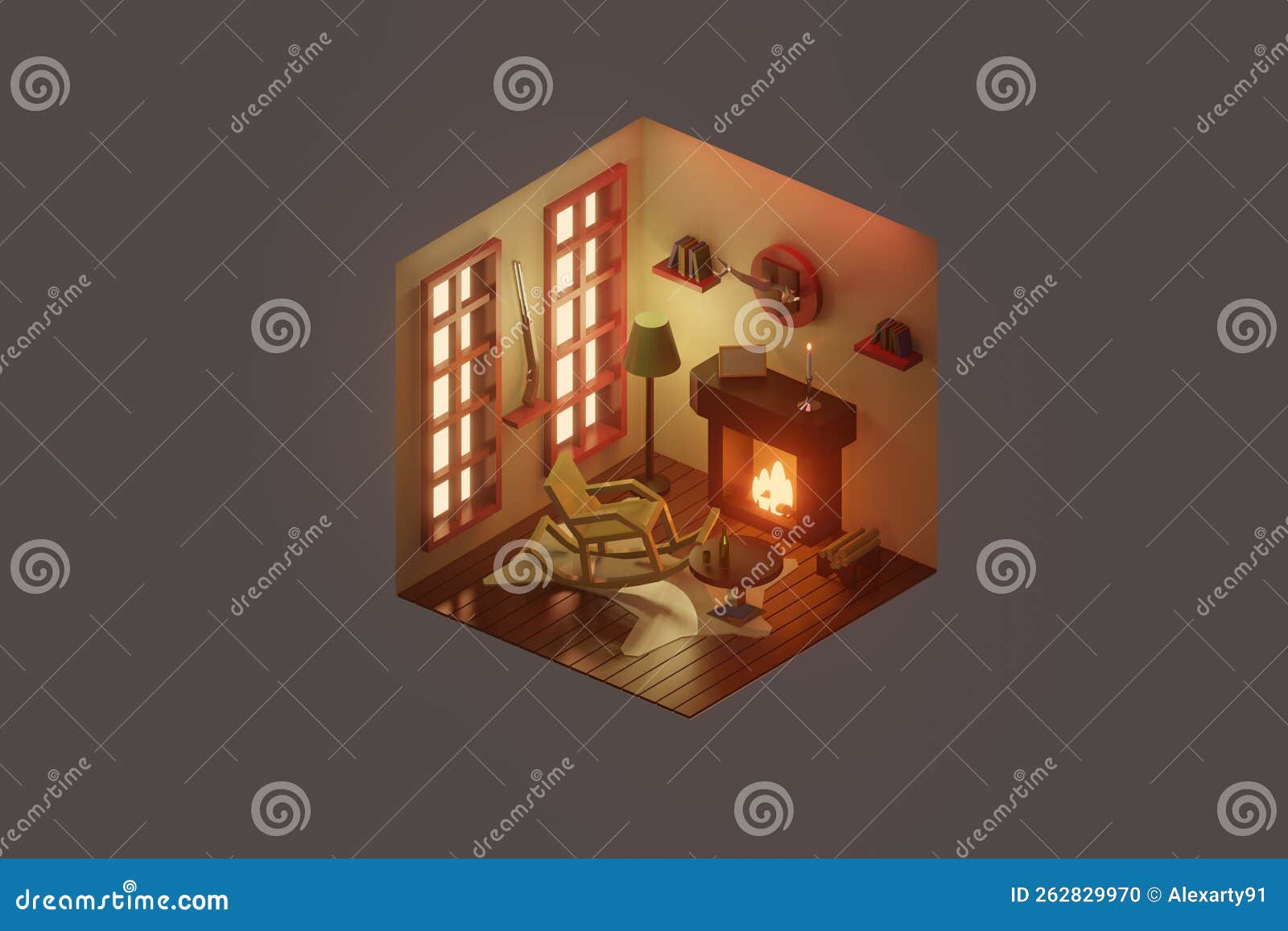 Isometric Room with Fireplace in Low-poly Style 3d Render. Stock ...
