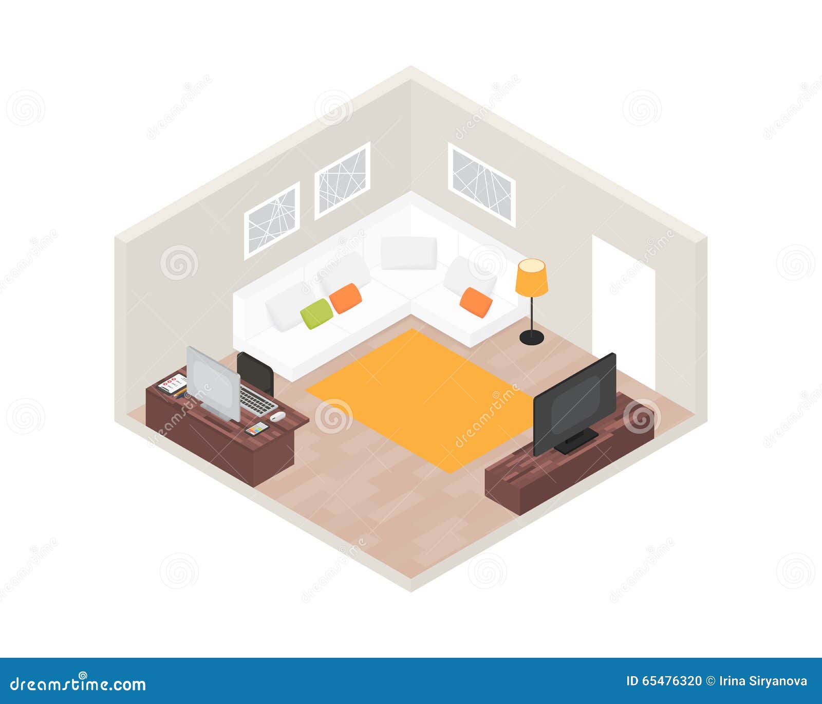 Isometric Room Interior with Computer Stock Vector - Illustration of ...