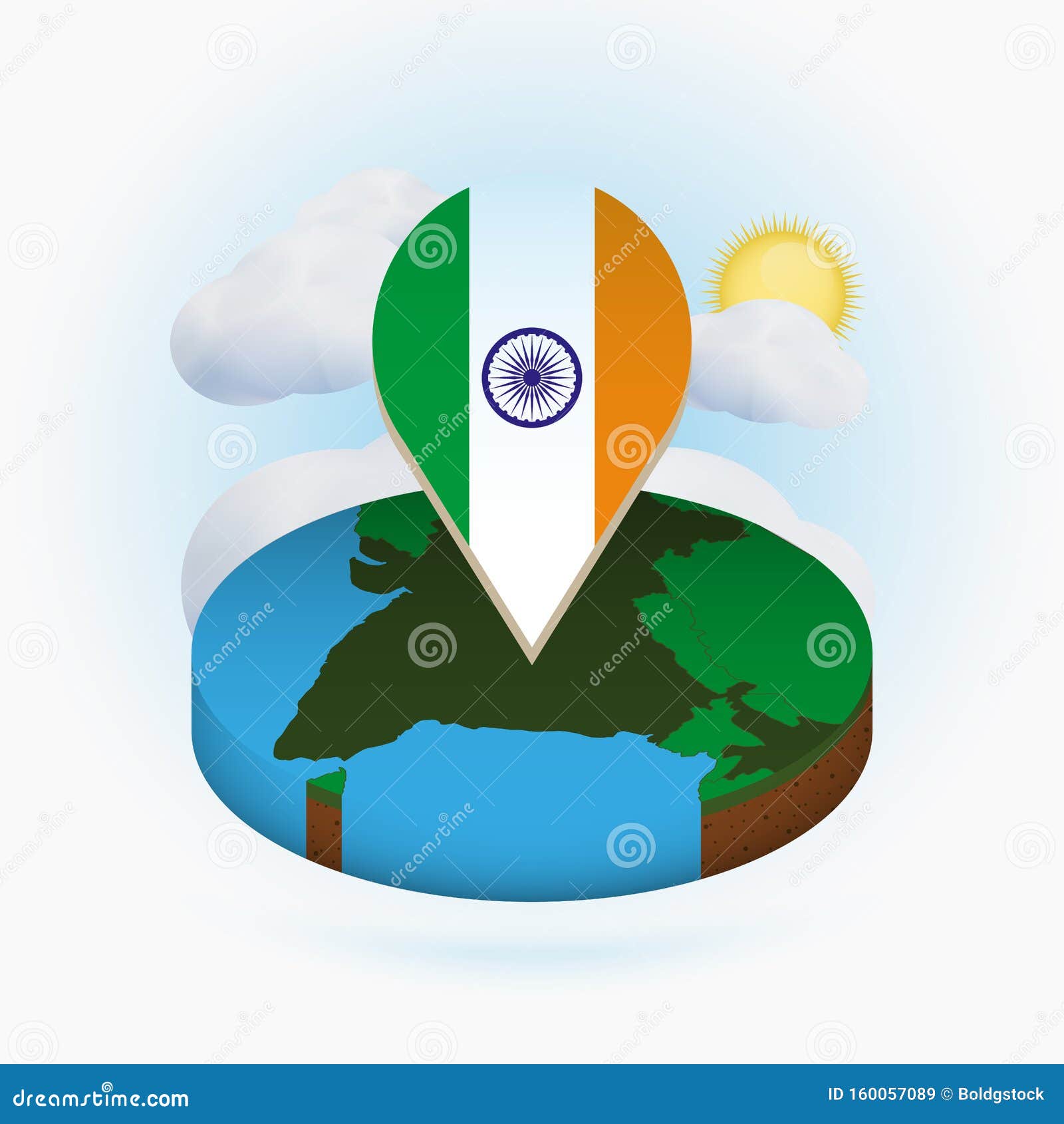 Isometric Round Map of India and Point Marker with Flag of India. Cloud ...