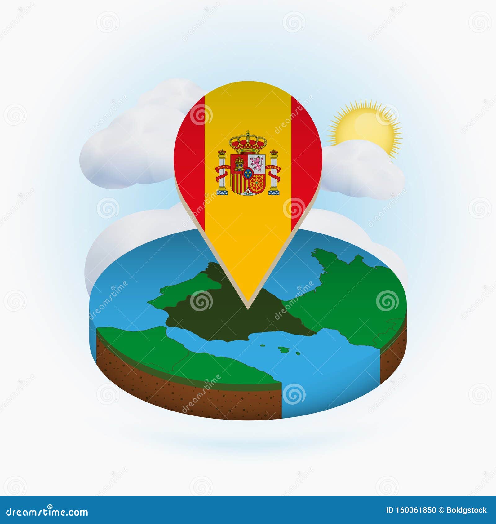 Isometric Round Map of Spain and Point Marker with Flag of Spain. Cloud ...