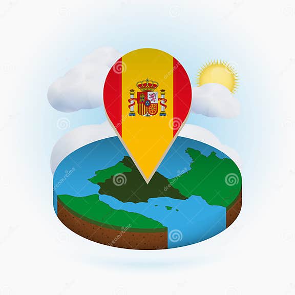 Isometric Round Map of Spain and Point Marker with Flag of Spain. Cloud ...