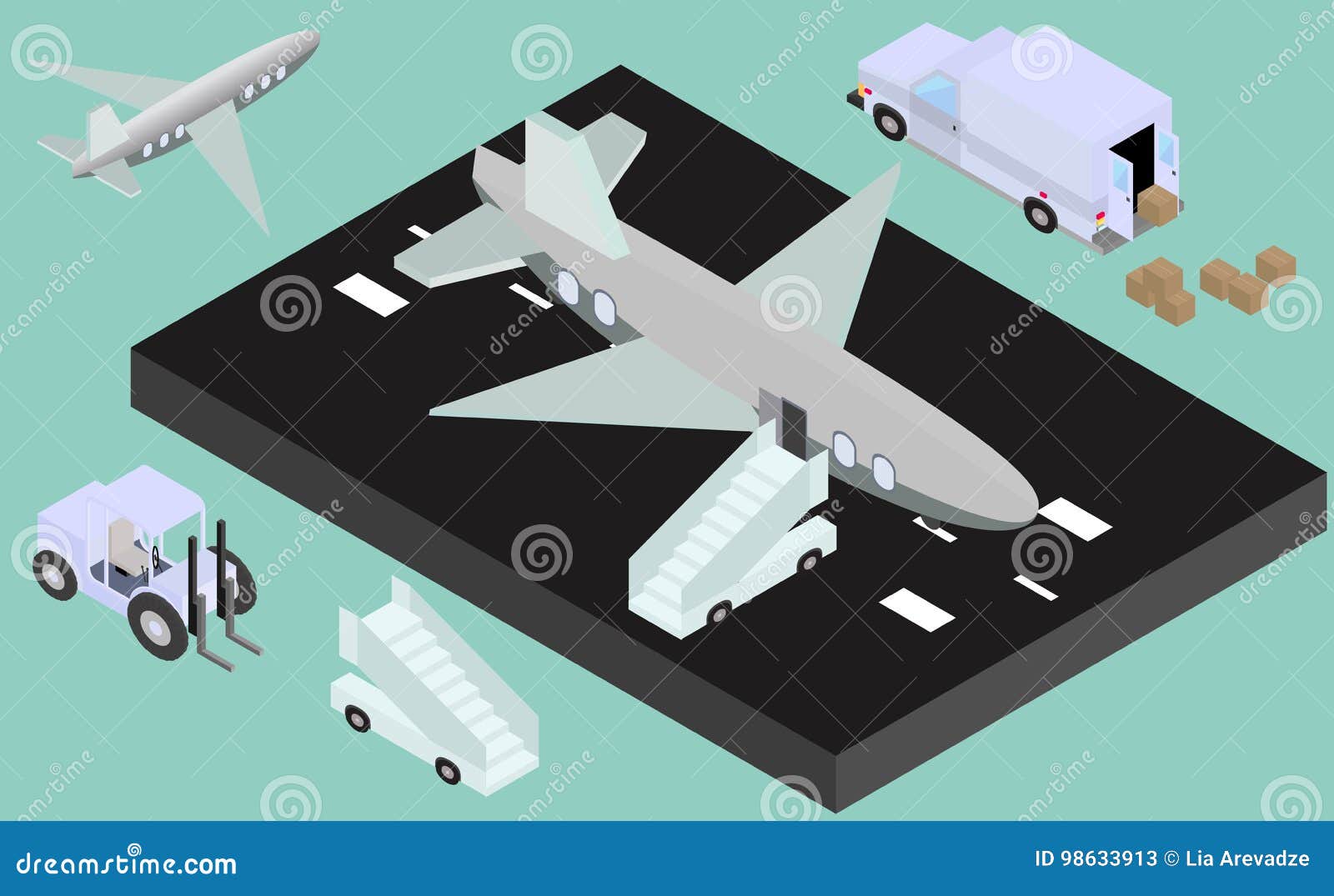 Isometric Runway with Airplane, Stair, Luggage Trucks Stock Vector ...