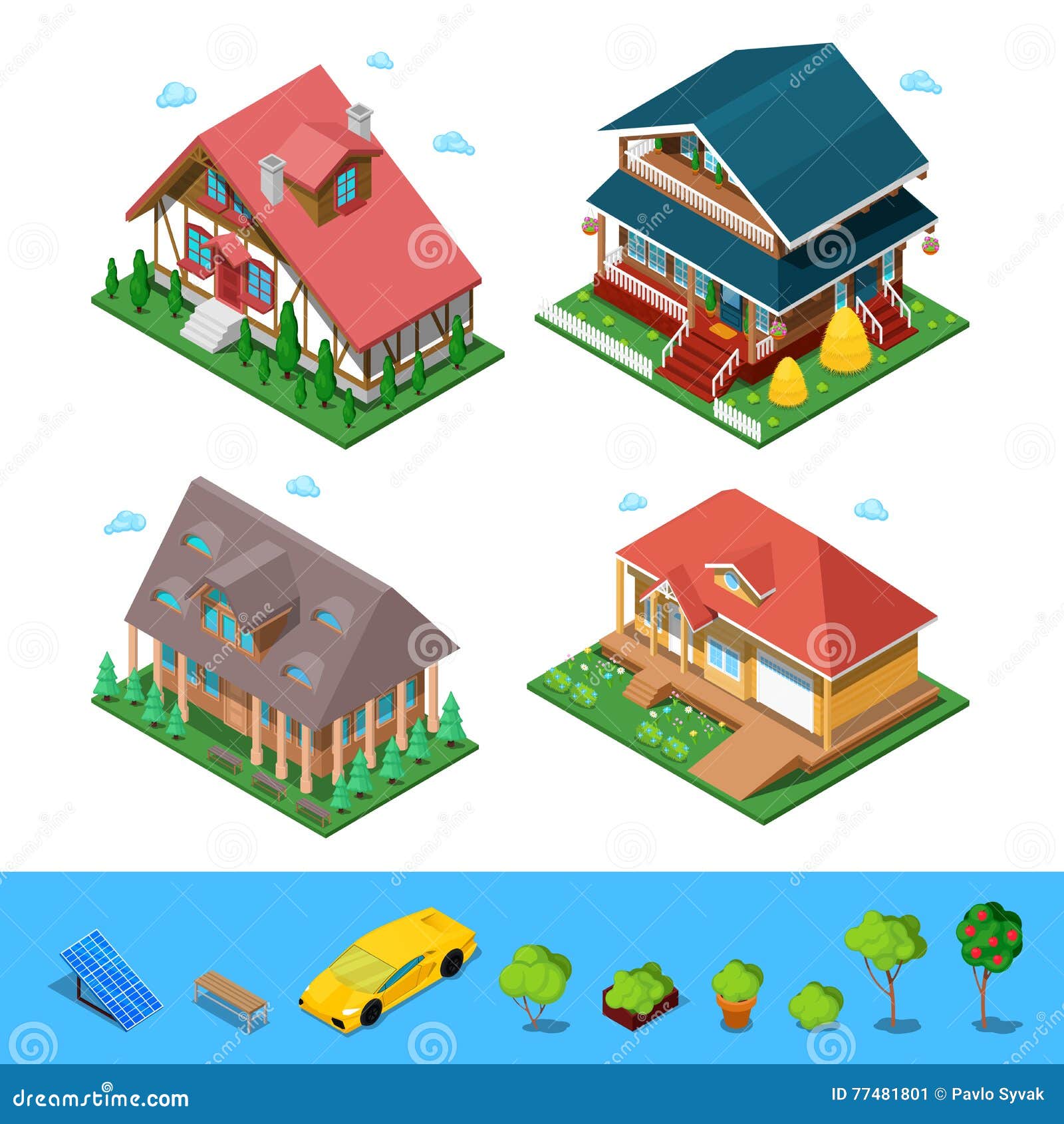 Isometric Rural Buildings And Cottages. 3d Tractor Vector Illustration ...