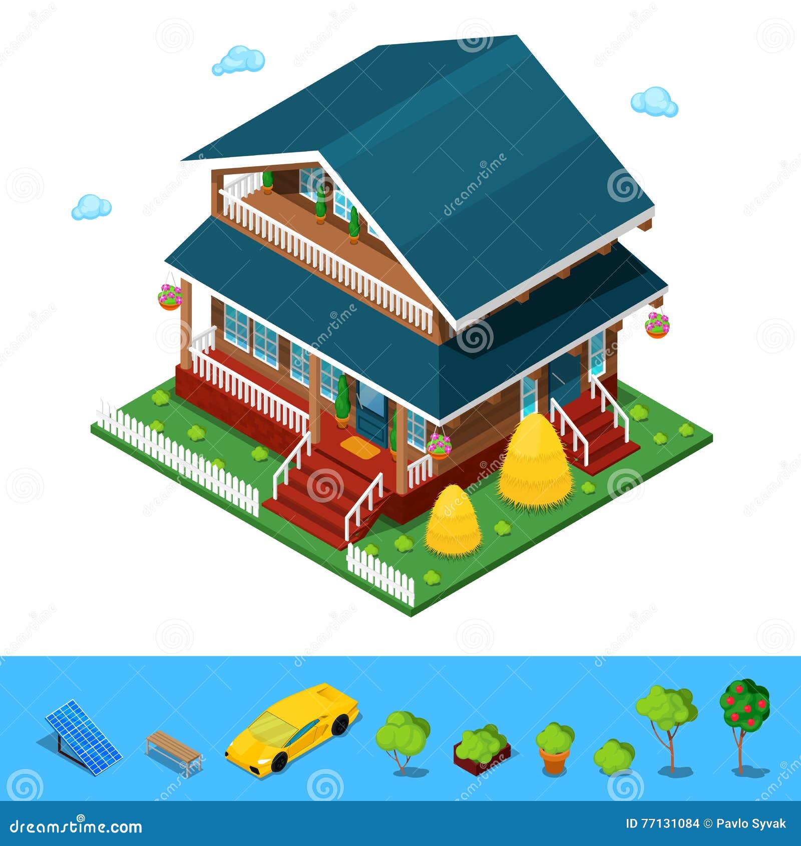 Isometric Rural Buildings And Cottages. 3d Tractor Vector Illustration ...
