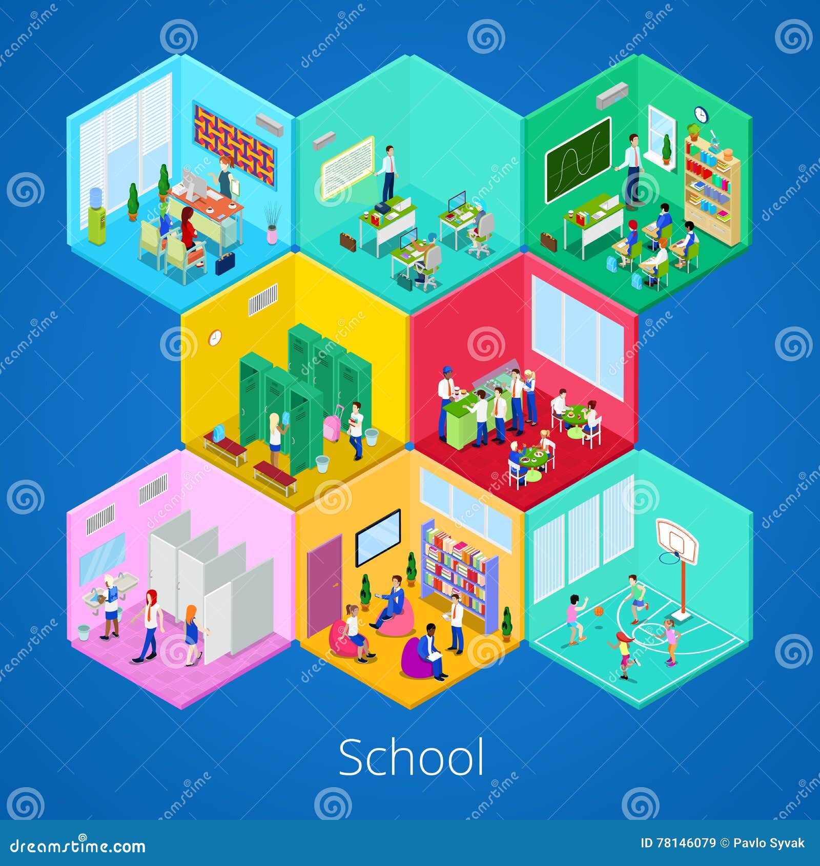 Isometric School Interior with Lecture Hall, Library, Dining Room and ...