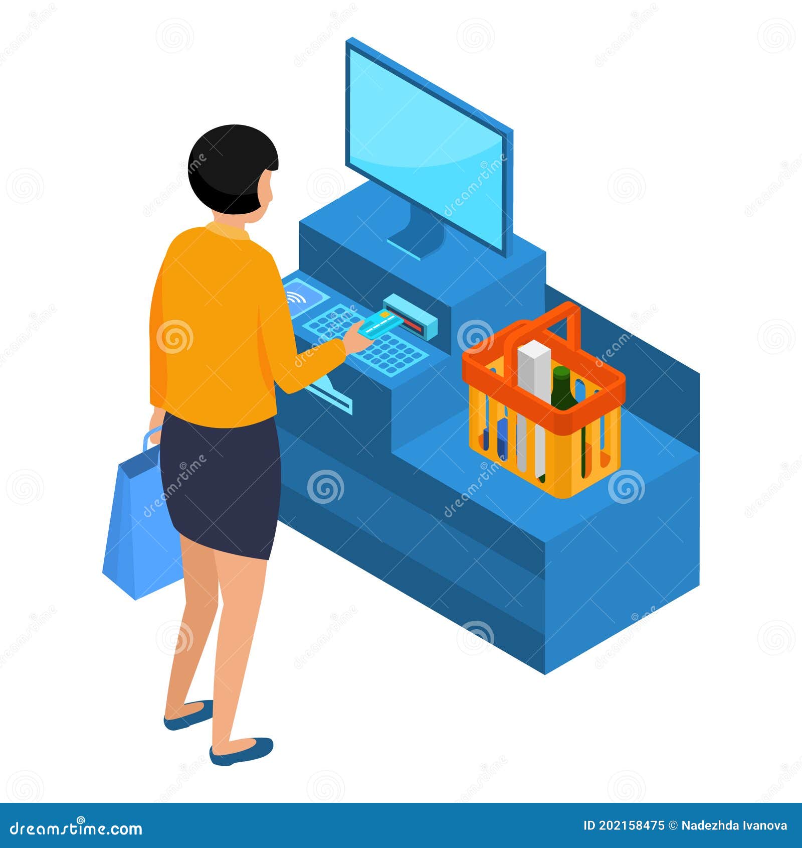 Isometric Self-service Cashier Or Terminal. Young Man Paying At The ...