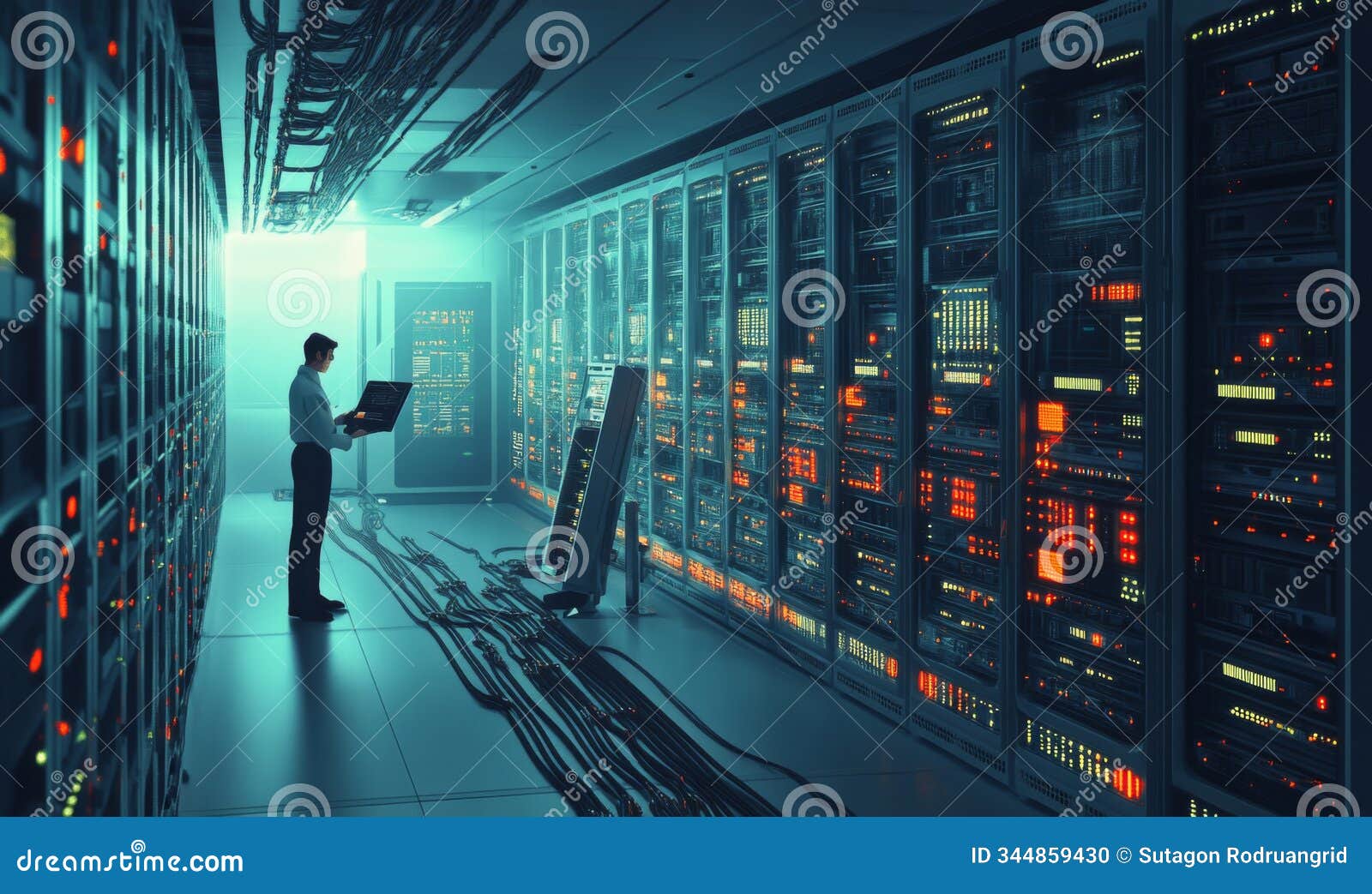 Isometric it Server Room with Rows of Servers, Cables, and a Technician ...