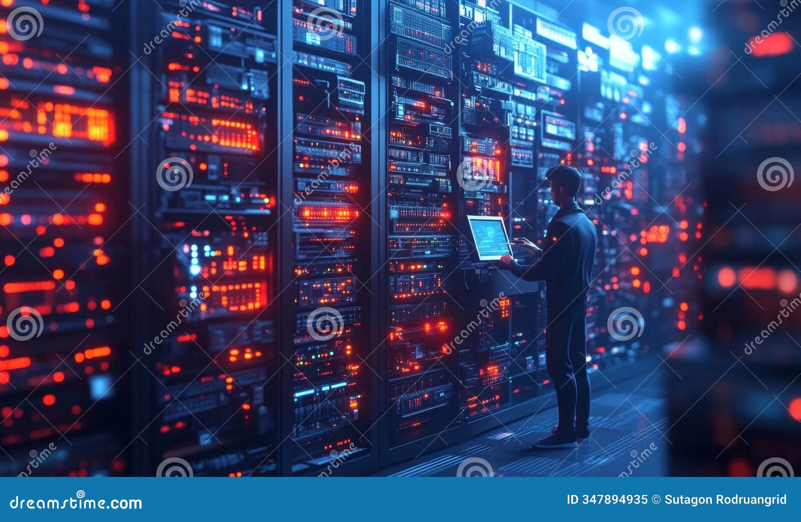 Isometric it Server Room with Rows of Servers, Cables, and a Technician ...
