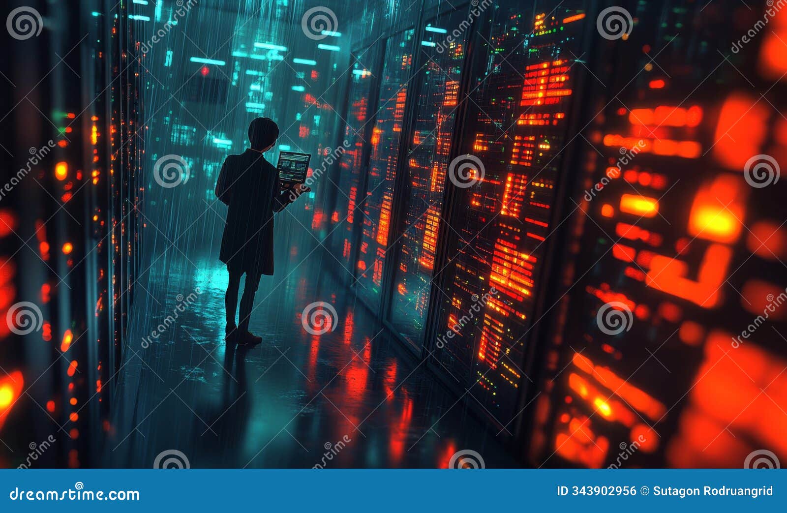 Isometric it Server Room with Rows of Servers, Cables, and a Technician ...