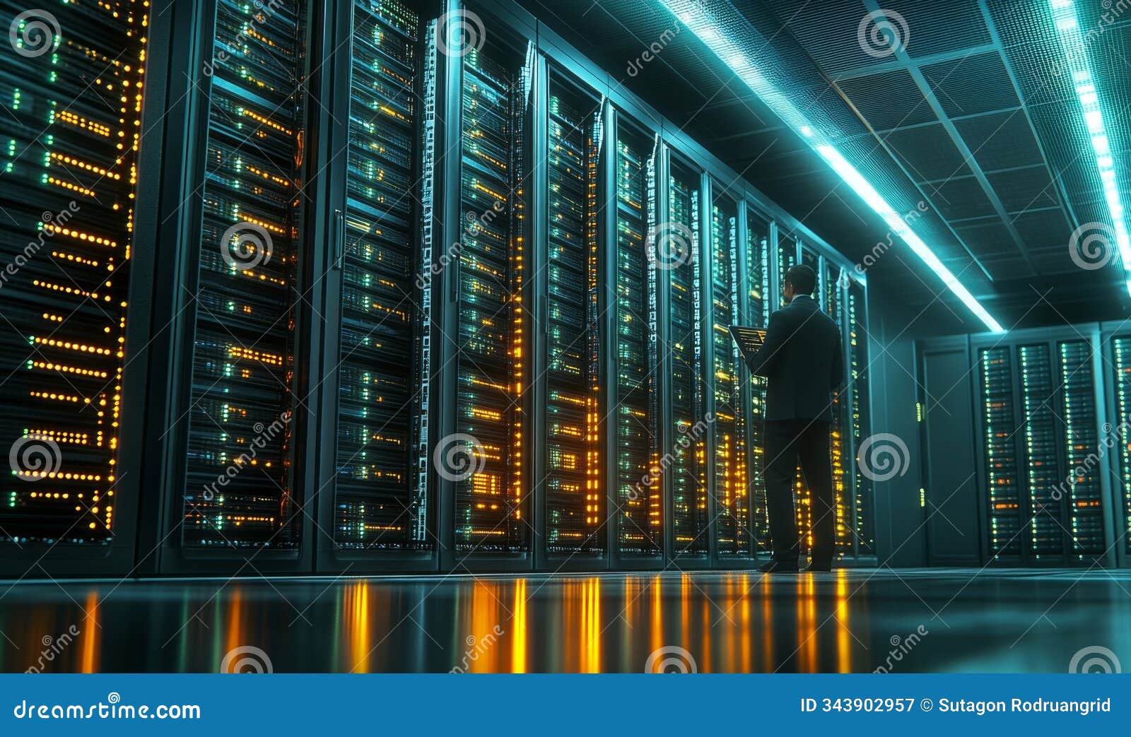 Isometric it Server Room with Rows of Servers, Cables, and a Technician ...