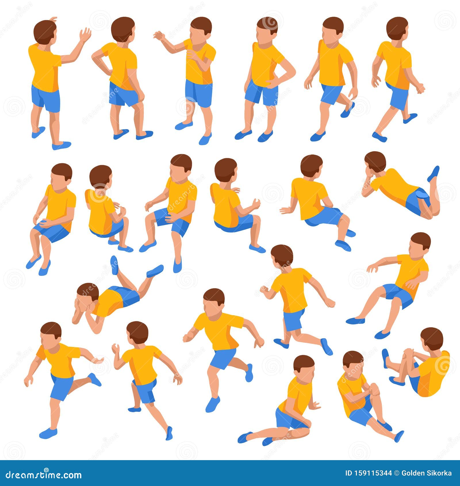 Isometric Set Of Boys In Different Poses Stands, Runs, Sits, Lies And ...