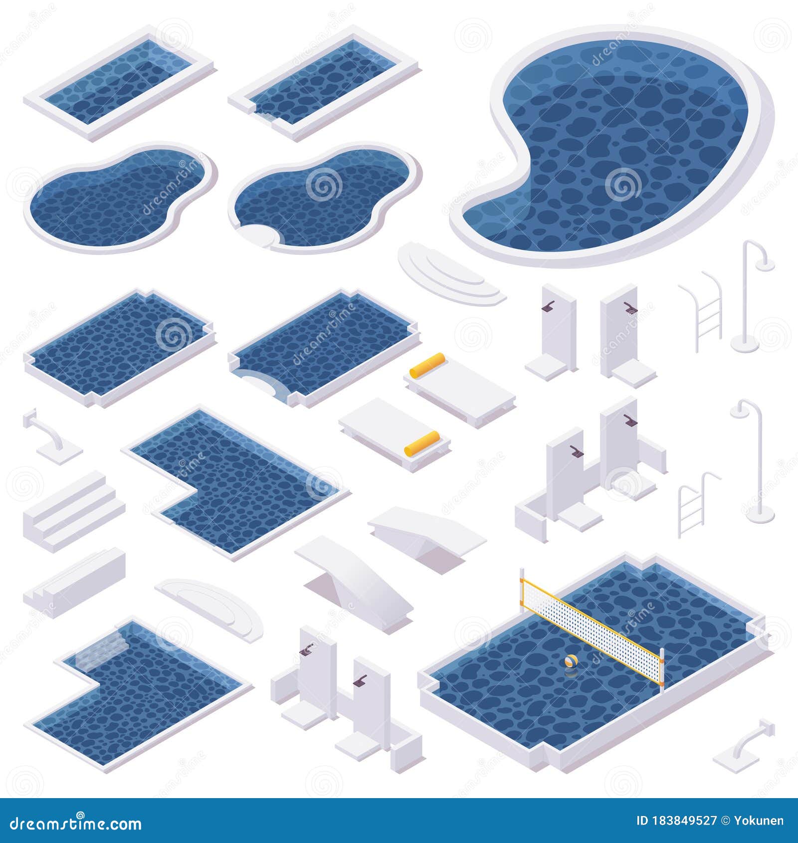 Isometric Set of Different Types of Pools, Shower, Deck Chairs ...