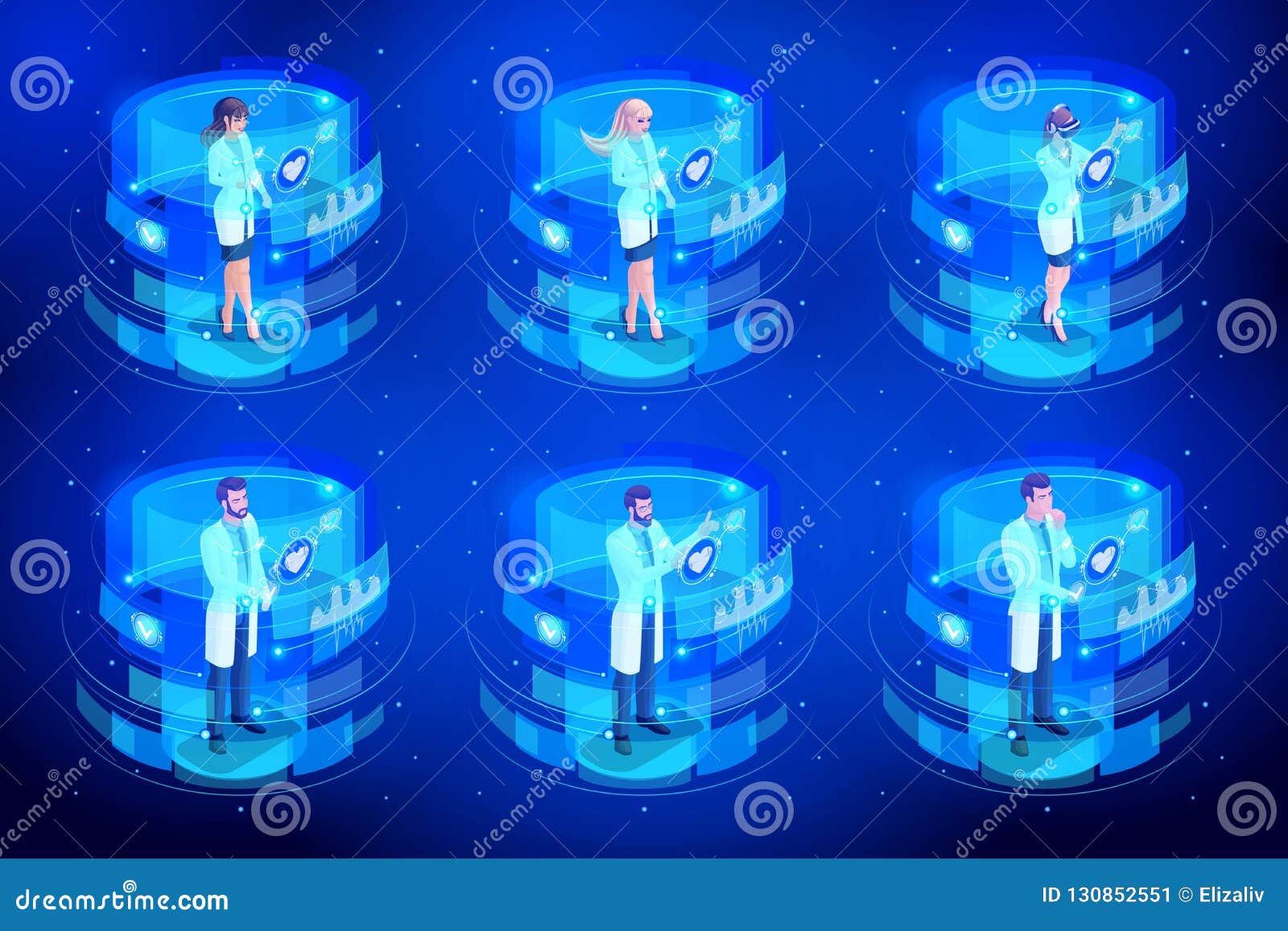 Isometric Set Doctors Working on Virtual Screens, Remote Control of ...
