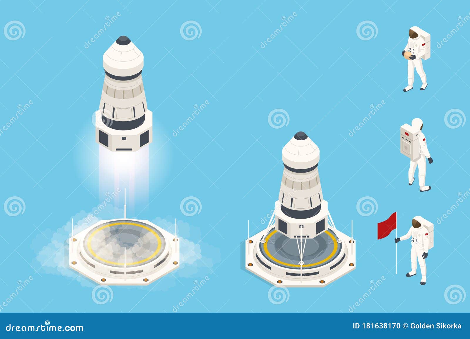 Isometric Set Elements of Space Rocket or Shuttle. Rocket Takes Off ...