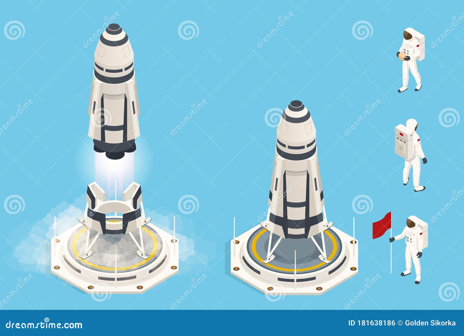 Isometric Set Elements of Space Rocket or Shuttle. Rocket Takes Off ...