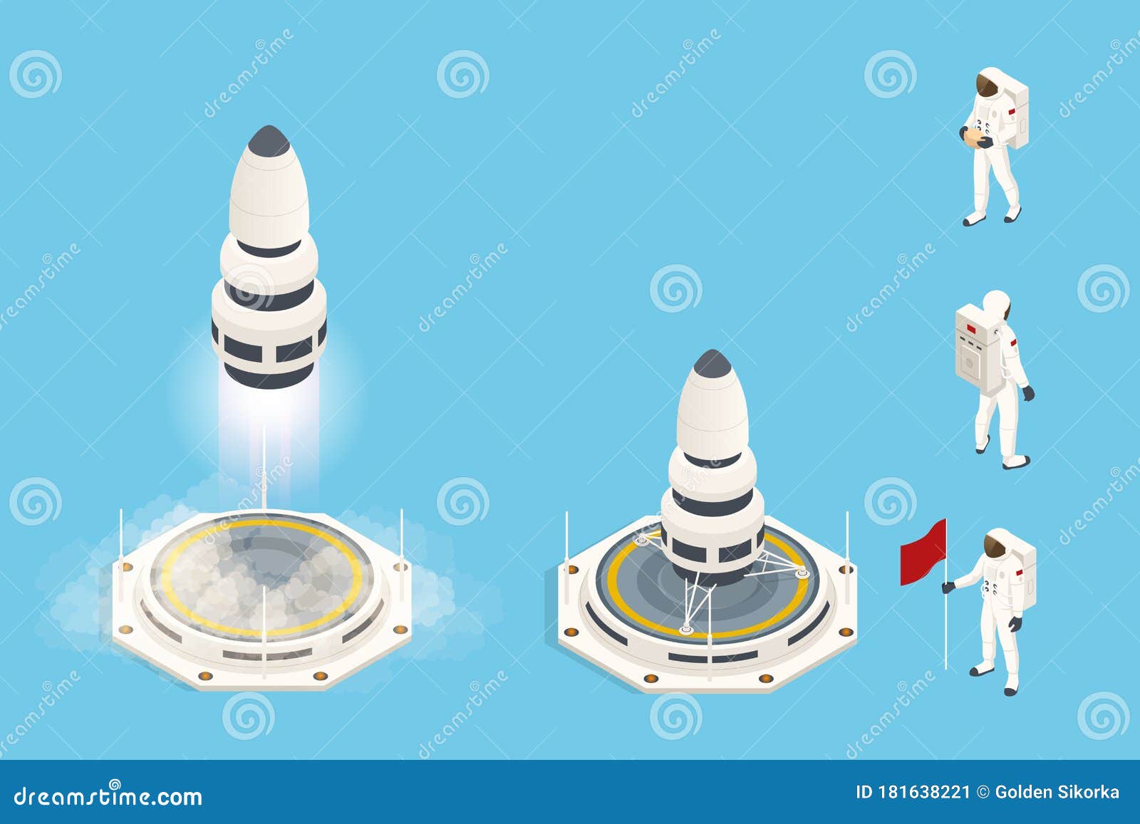 Isometric Set Elements of Space Rocket or Shuttle. Rocket Takes Off ...
