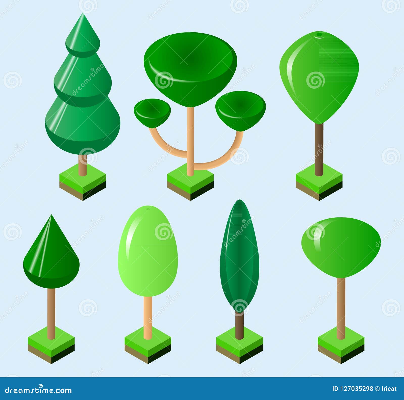 Isometric Set of Green Trees of Various Shapes Isolated on White ...