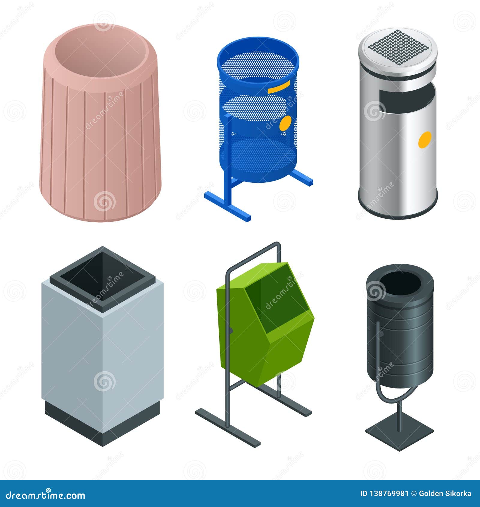 Isometric Set of Metal Basket Bin for Waste Paper in Office. Empty ...