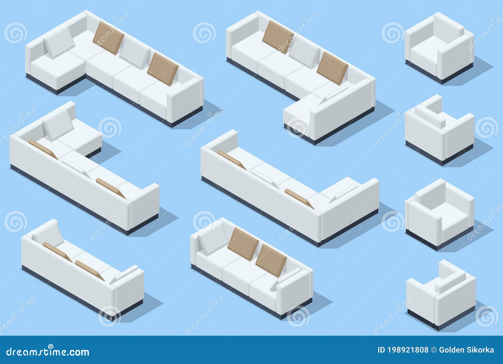 Isometric Set of Modern Sofa. Modern Couch with Pillows Isolated on ...