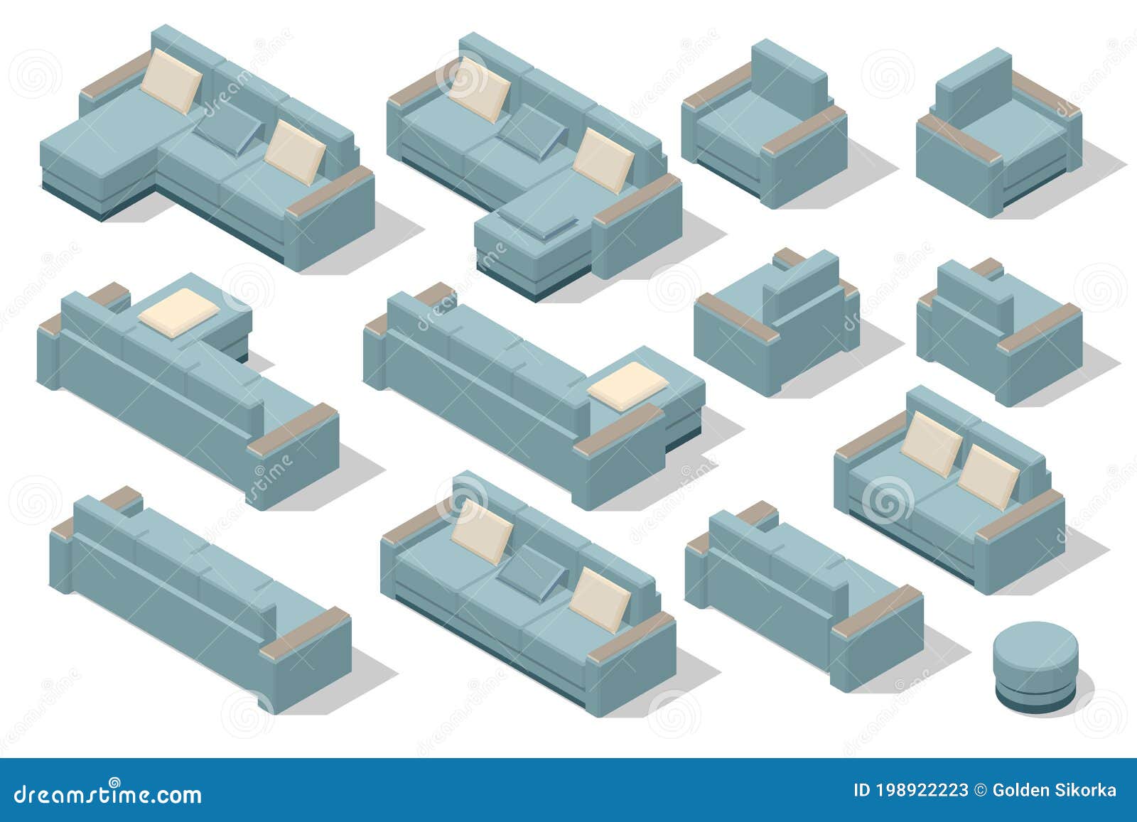 Isometric Set of Modern Sofa. Modern Couch with Pillows Isolated on ...