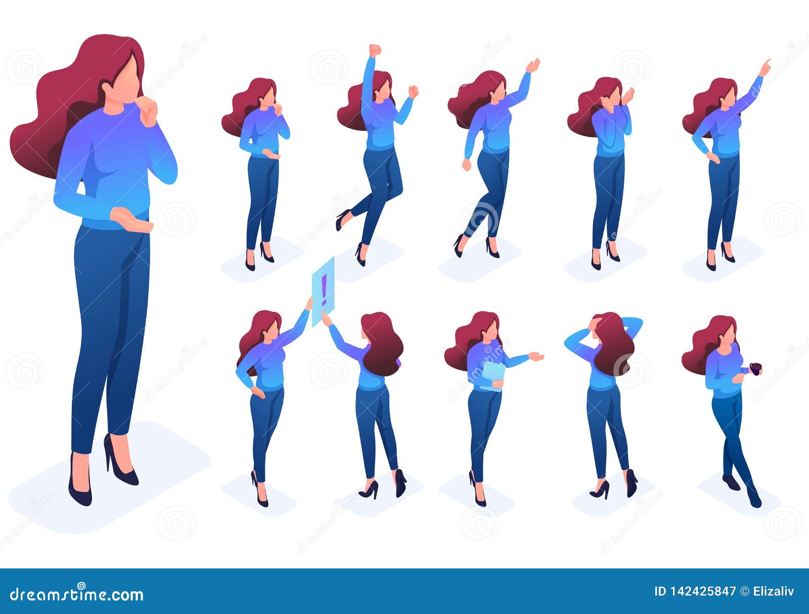 Set Poses Gestures Character, Woman Create Vector Illustrations ...