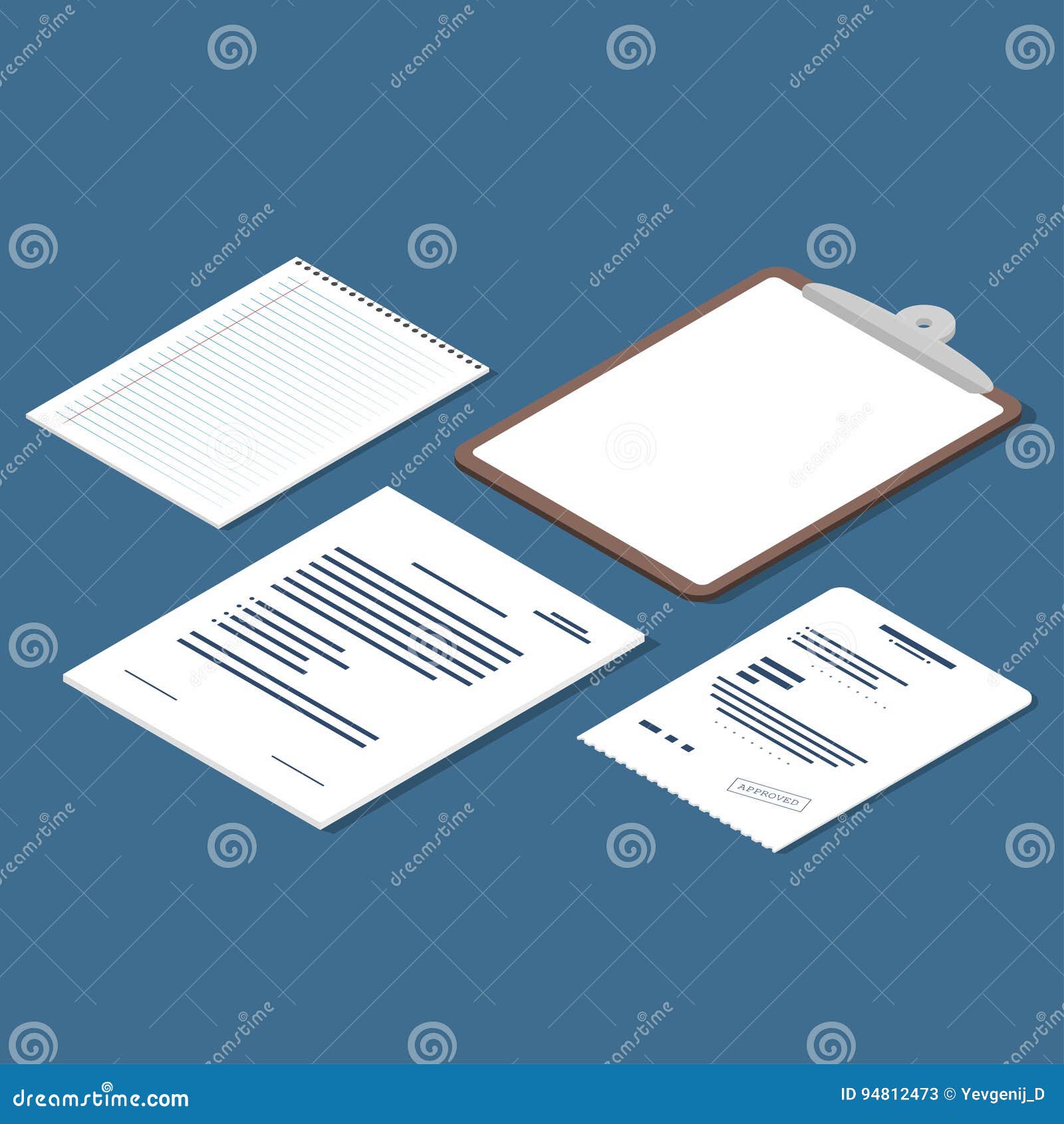 Isometric Set of Receipt, Contract, Clipboard, Blank Lined Paper Sheet ...