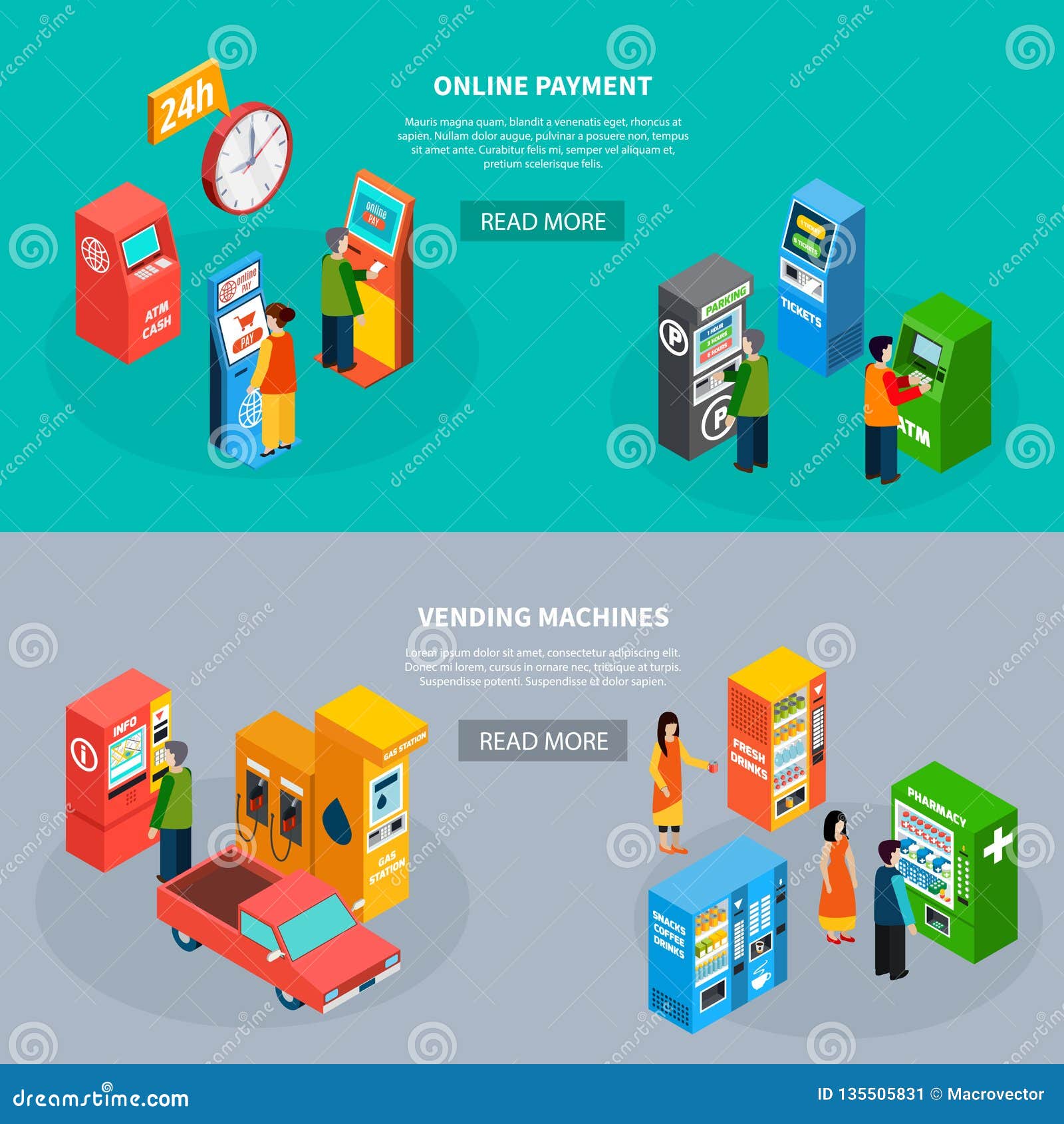 Vending Machines Isometric Banners Set Stock Vector - Illustration of ...