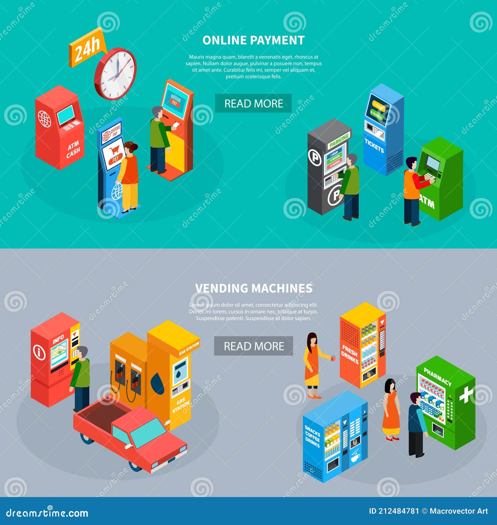 Vending Machines Isometric Banners Set Stock Vector - Illustration of ...